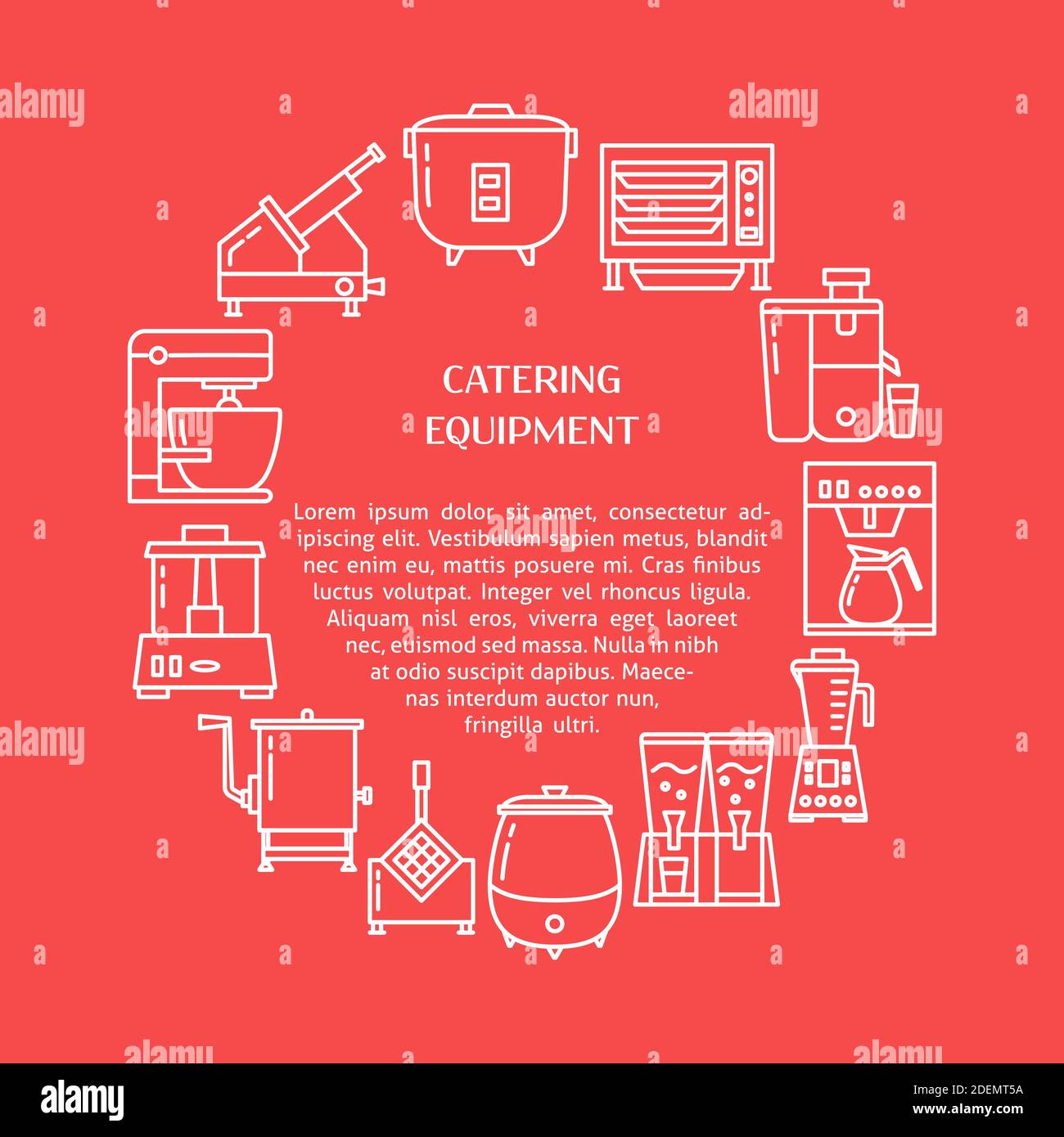 Catering equipment round concept banner in line style. Restaurant or ...