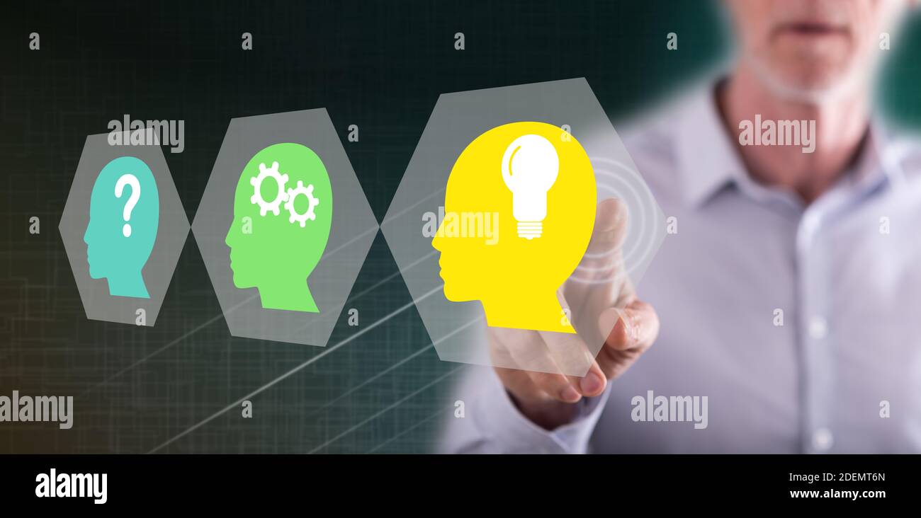 Man touching an innovation concept on a touch screen with his finger ...