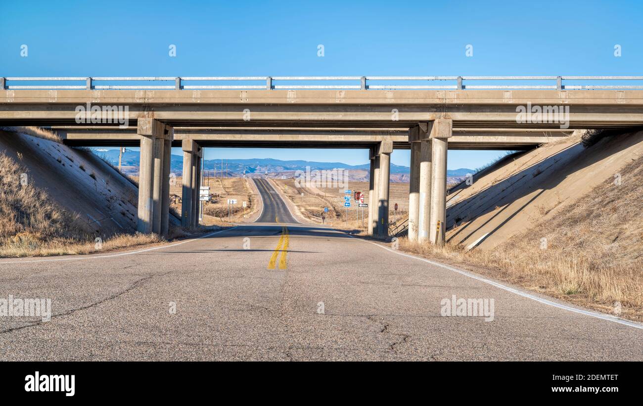 freeway intersection in northern Colorado with Front Range of Rocky ...