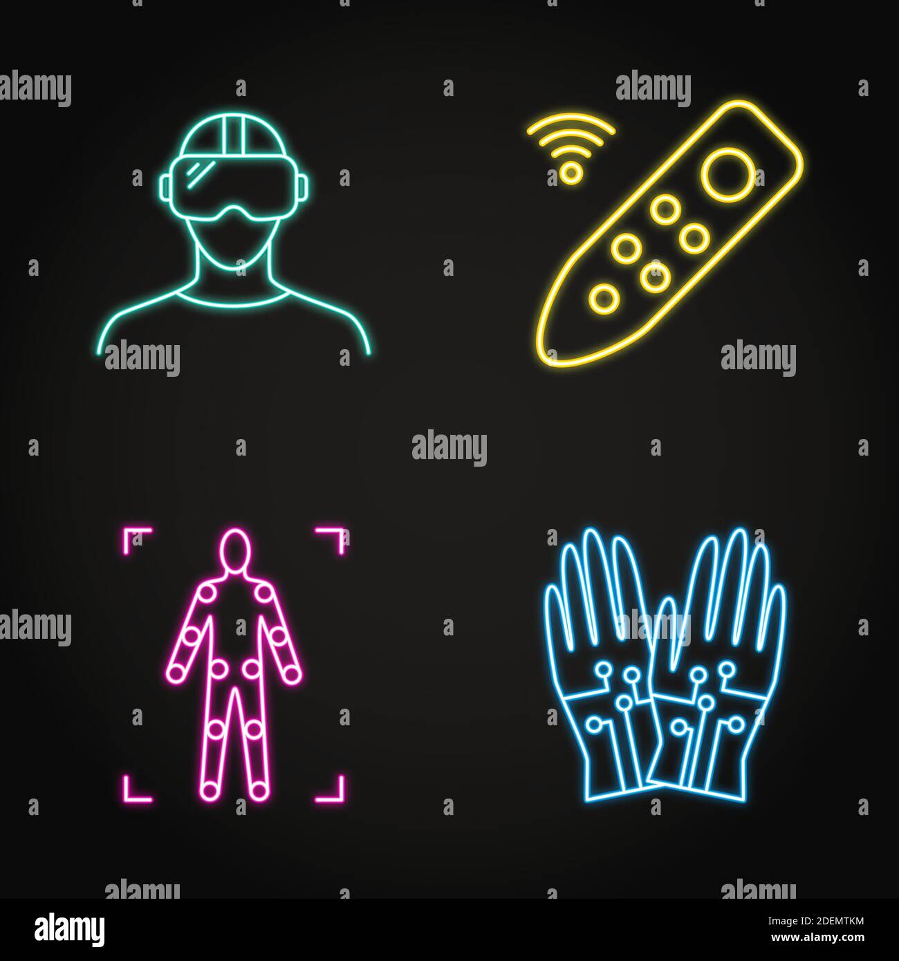 Virtual reality concept icon set in neon line style. Modern computer ...