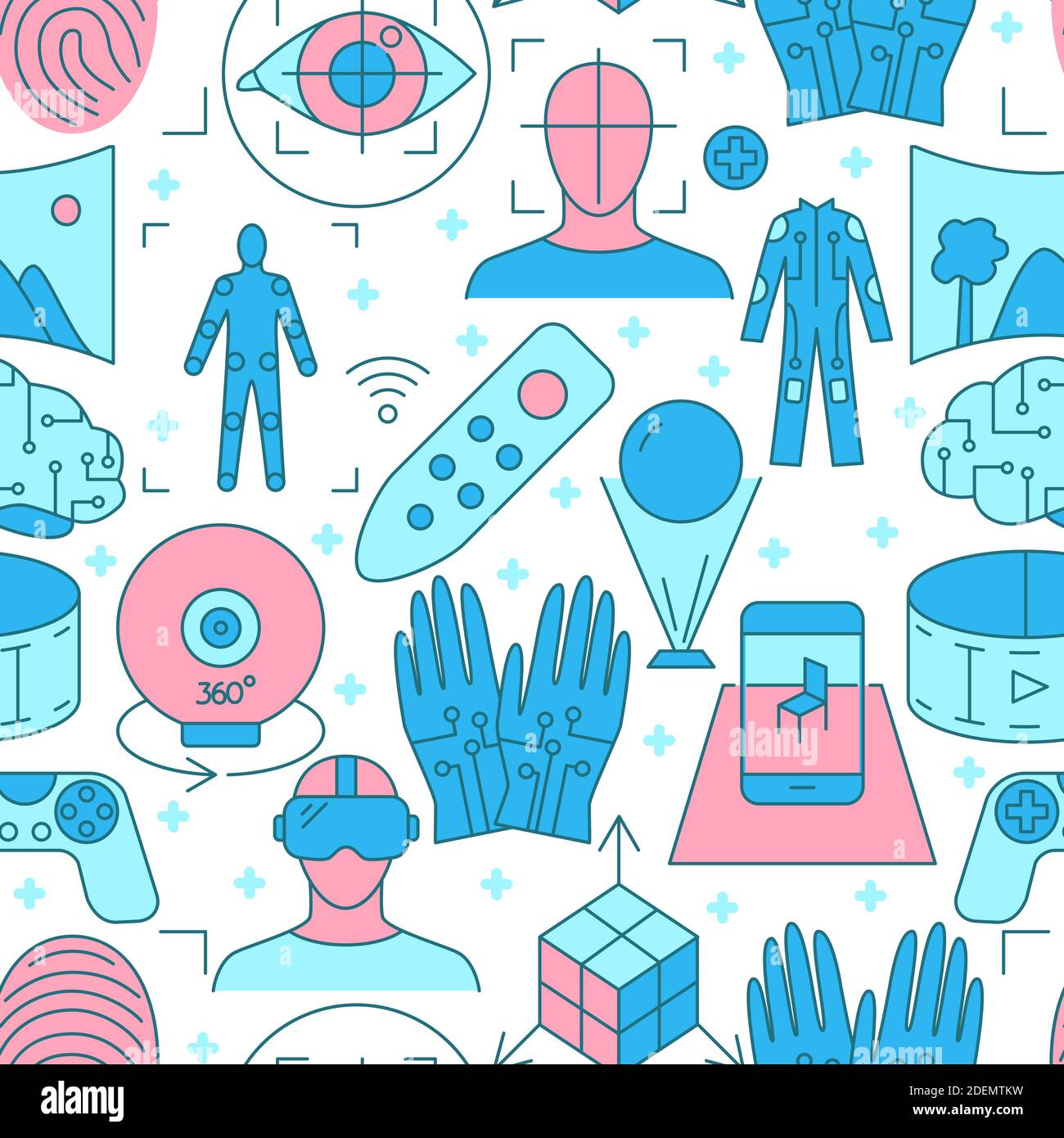 Virtual reality seamless pattern in colored line style. Modern computer ...