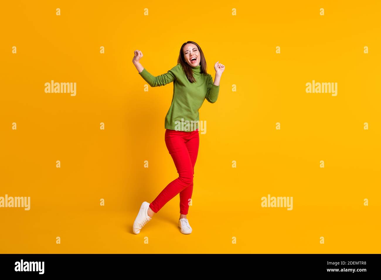Full length body size view of attractive ecstatic cheery girl dancing ...