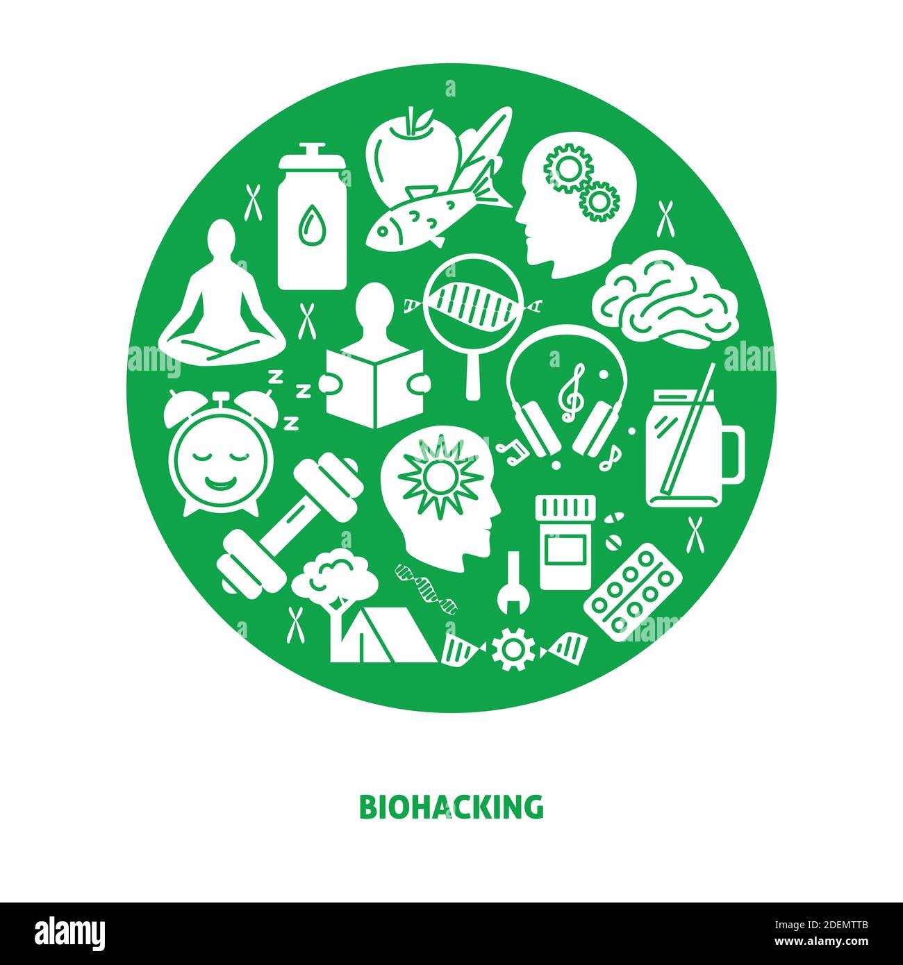 Biohacking round concept banner with icons in flat style. DIY biology ...
