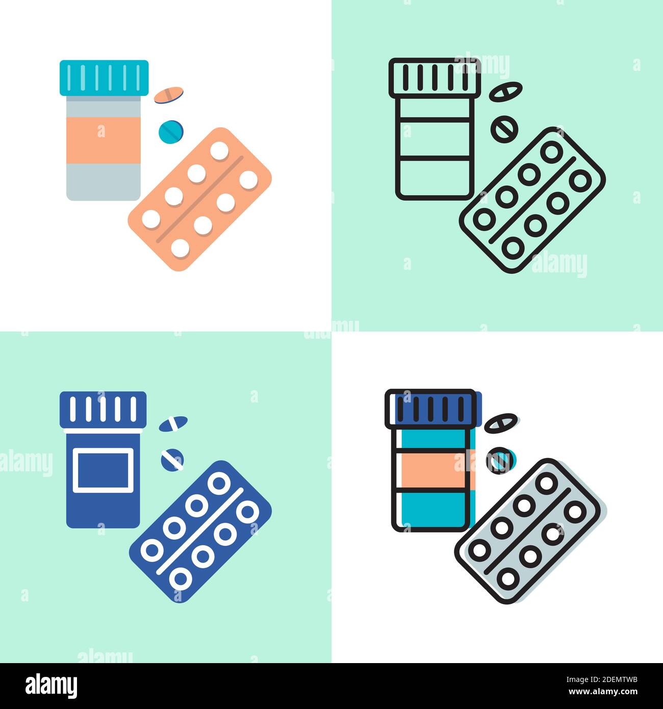 Pills bottle and blister icon set in flat and line style. Medical ...