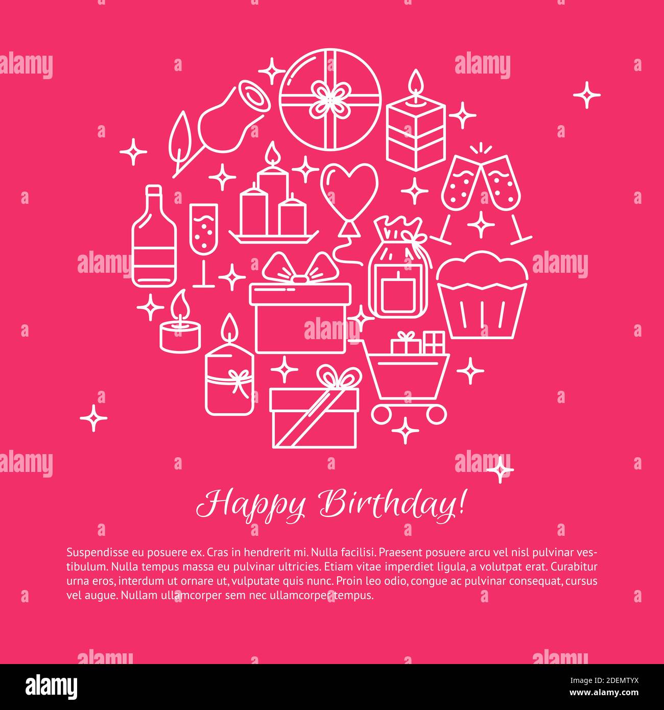 Happy birthday round concept banner template in line style with place ...