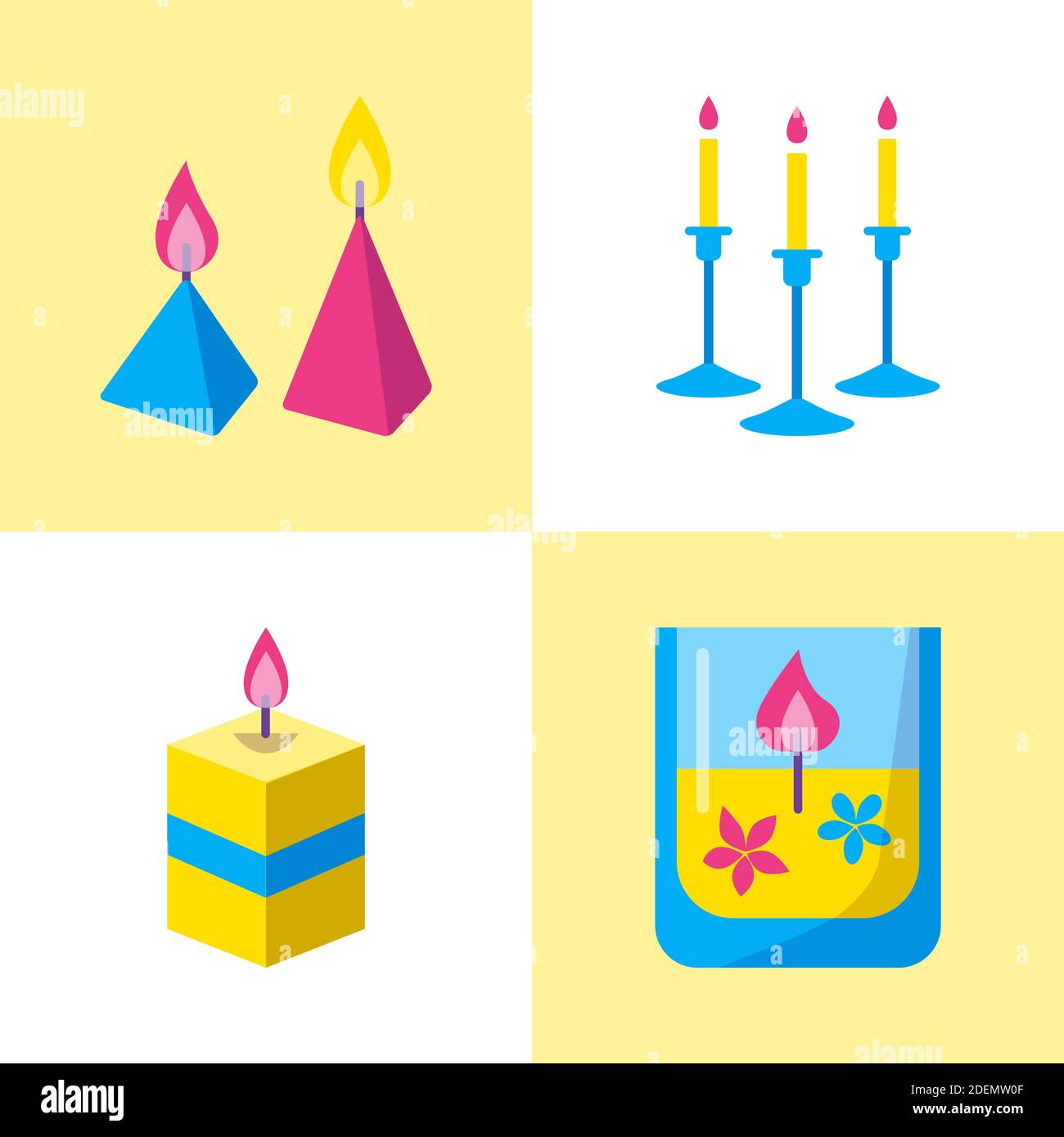 Bright candle icons set in flat style. Light source with burning flame ...