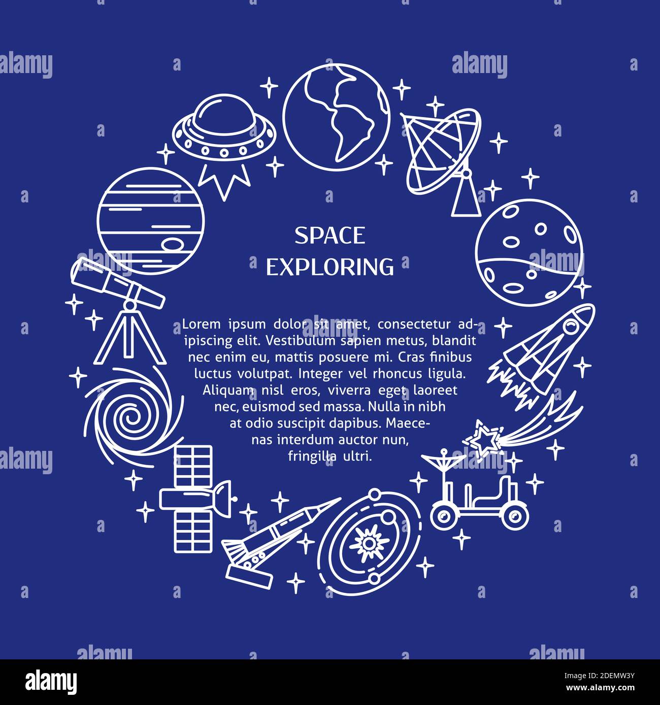Space elements round concept banner with place for text. Spaceship ...