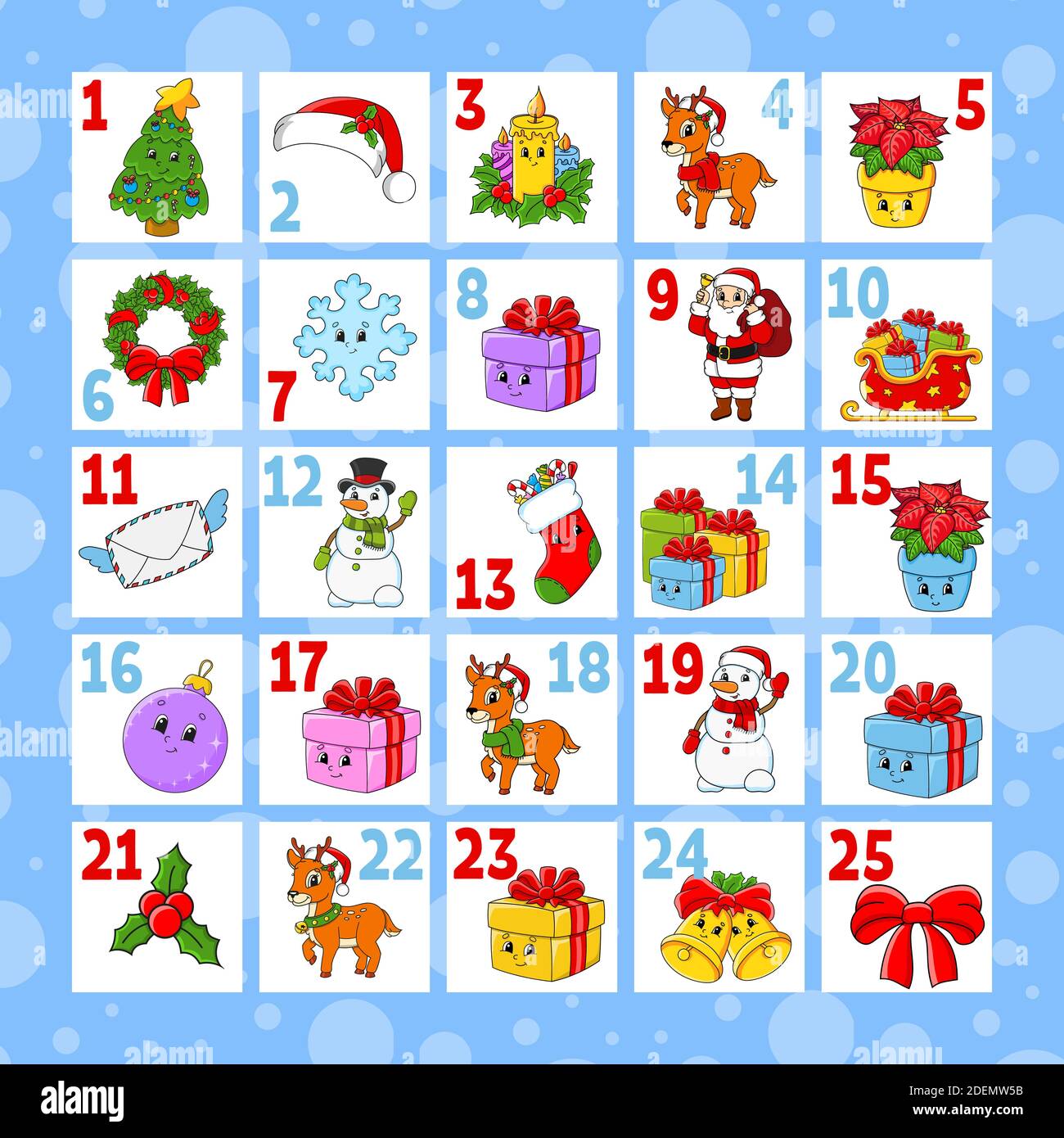Christmas advent calendar with cute characters. Santa claus, deer ...