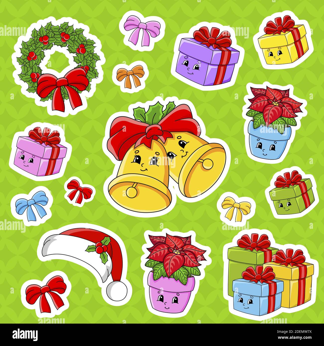 Set of stickers with cute cartoon characters. Christmas theme. Hand ...