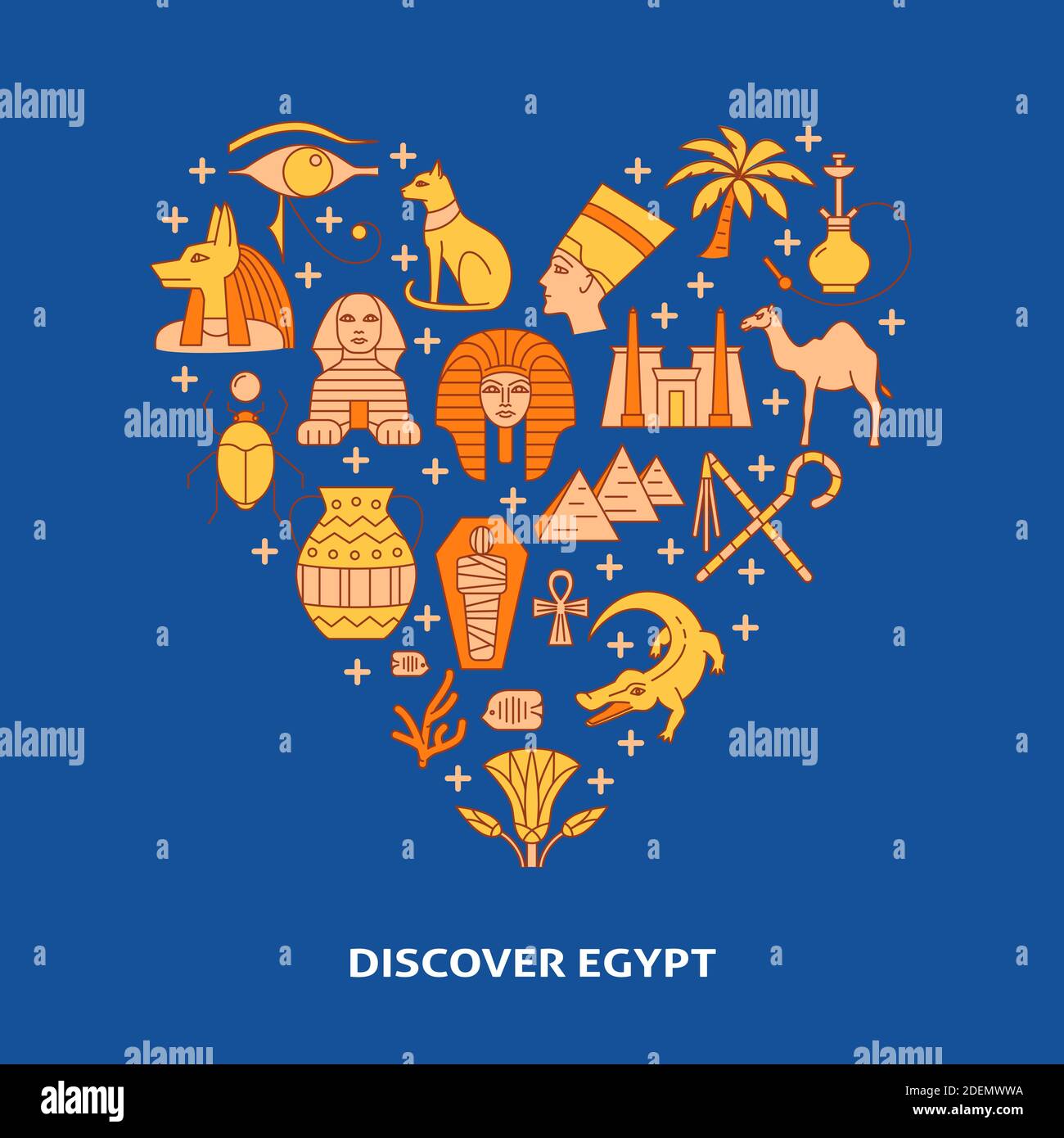 Poster with Egypt icons in colored line style. National symbols ...