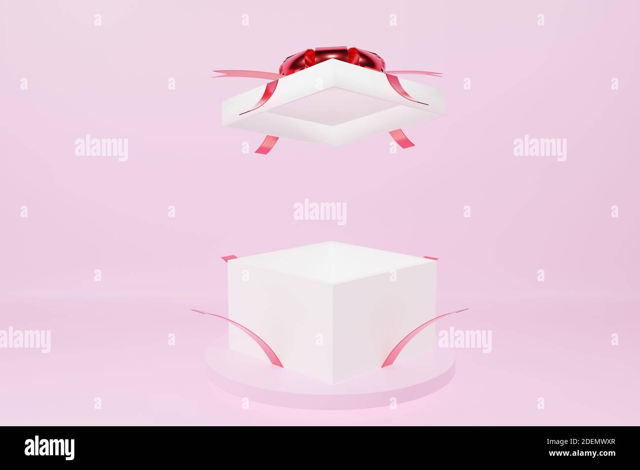 Open white gift box with red ribbon on circle podium on pink background ...