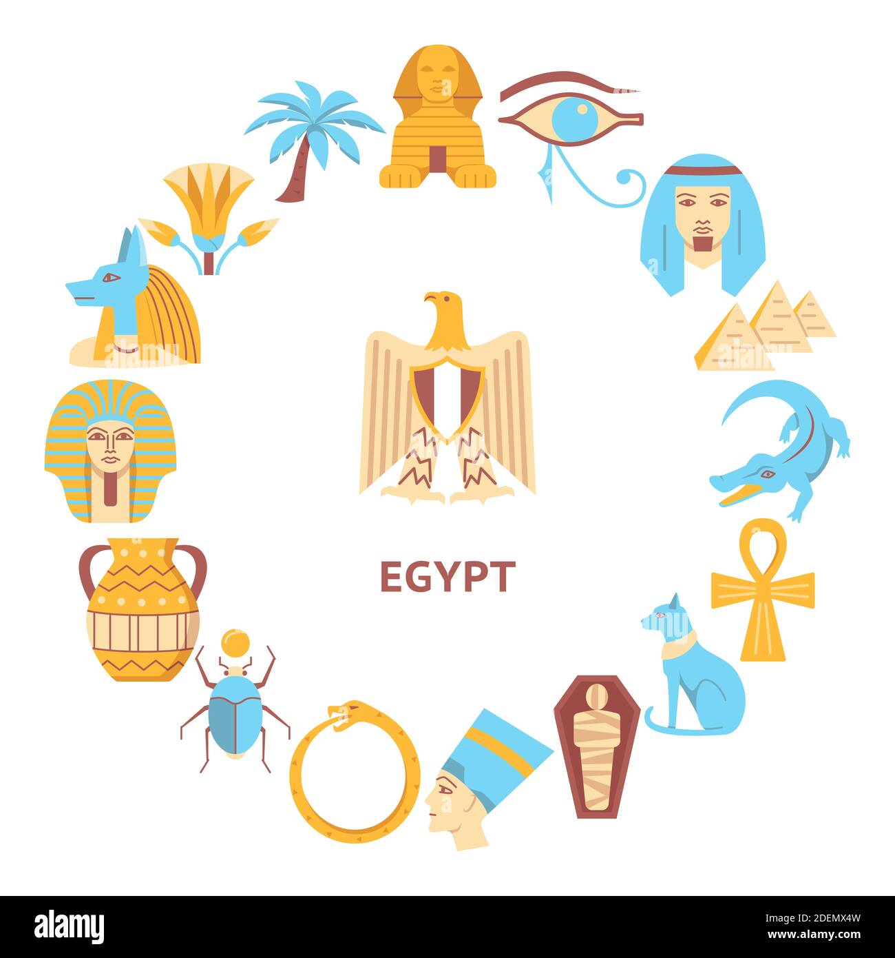 Round banner with Egypt icons in flat style. Eagle national symbol ...