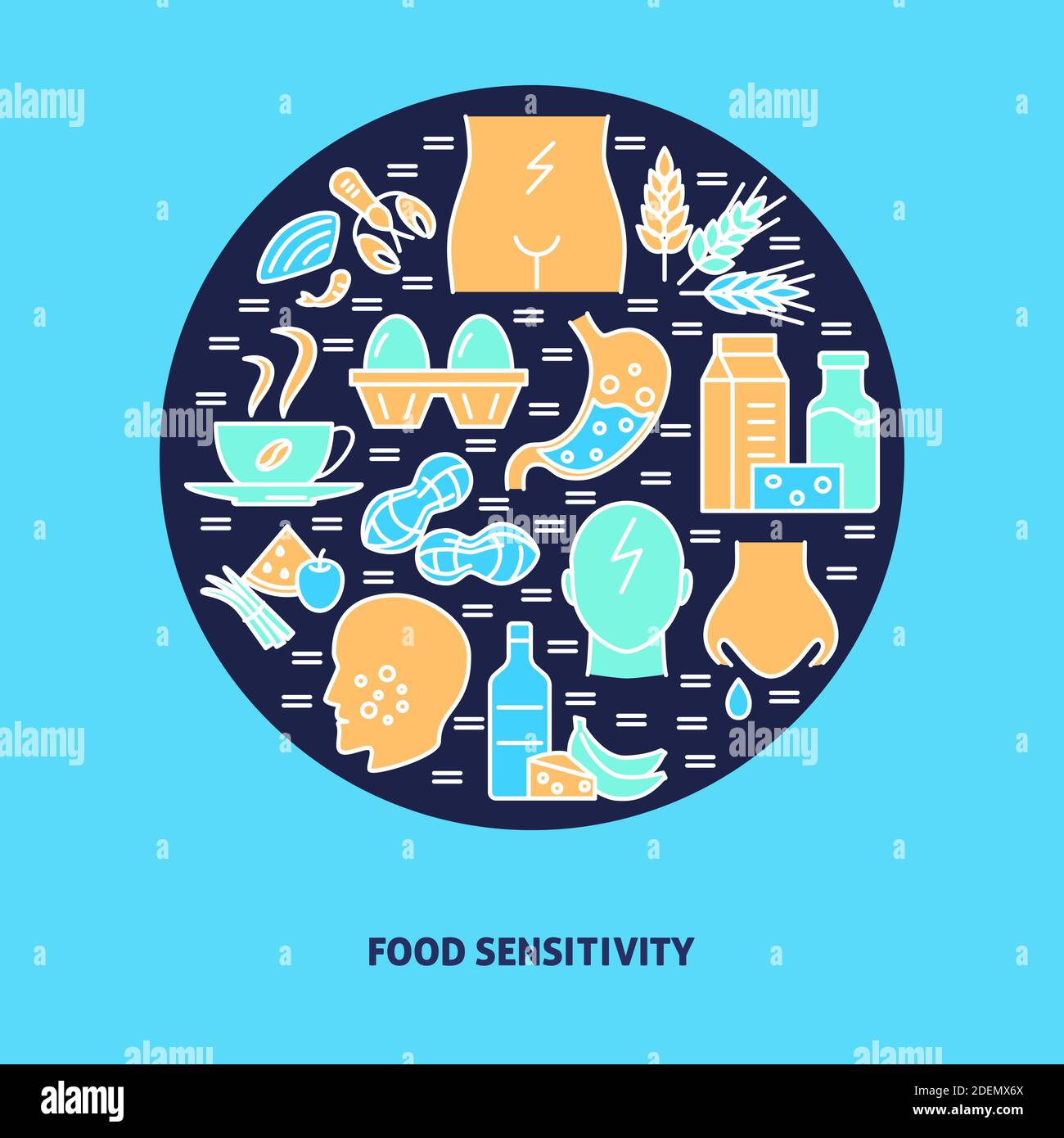 Food allergy round concept banner template in colored line style ...