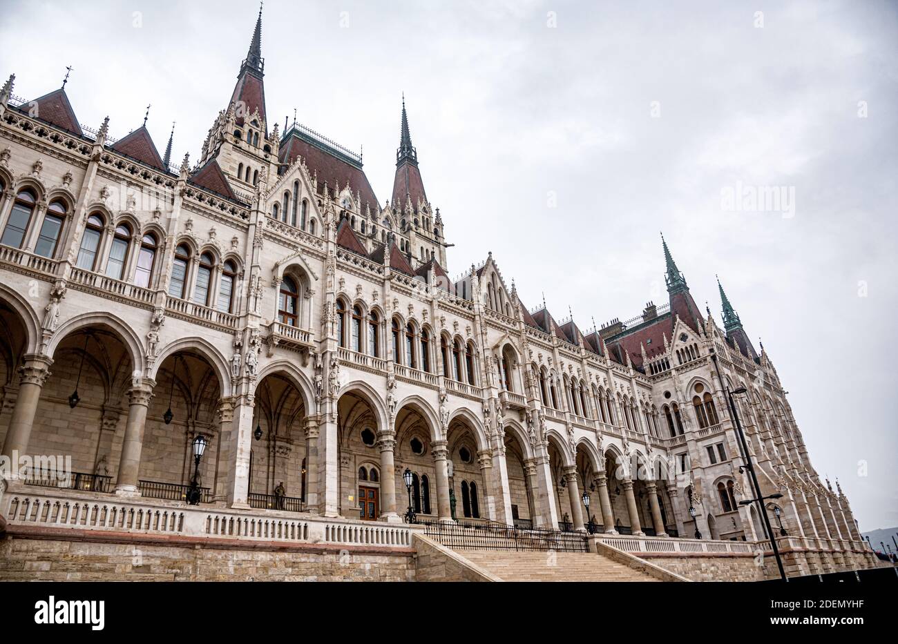 The Hungarian Parliament building on a rainy fall day in Budapest, the ...