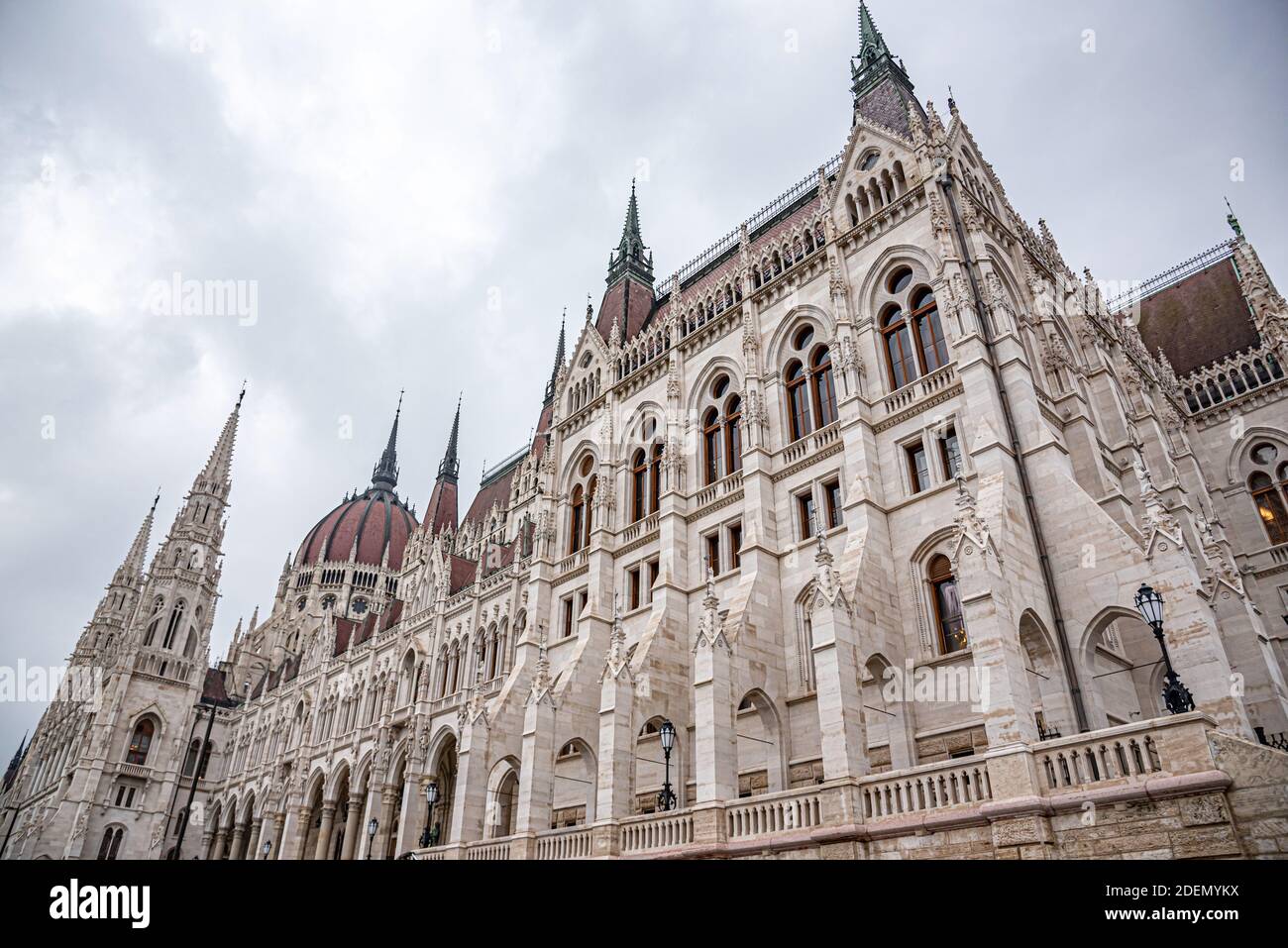 The Hungarian Parliament building on a rainy fall day in Budapest, the ...