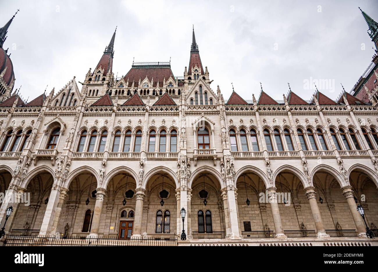 The Hungarian Parliament building on a rainy fall day in Budapest, the ...