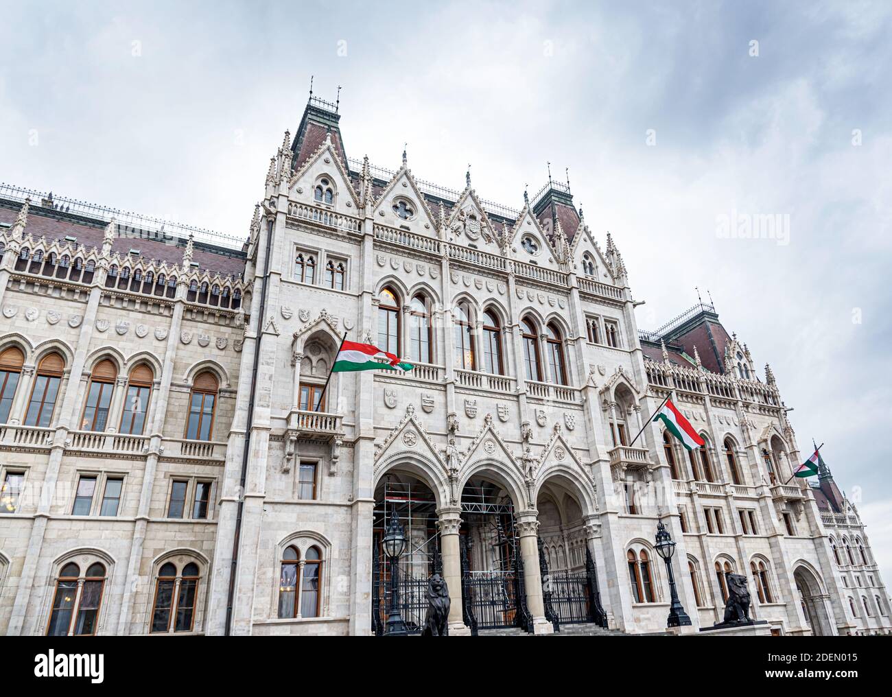 The Hungarian Parliament building on a rainy fall day in Budapest, the ...