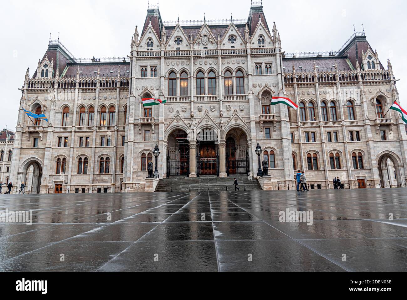 The Hungarian Parliament building on a rainy fall day in Budapest, the ...