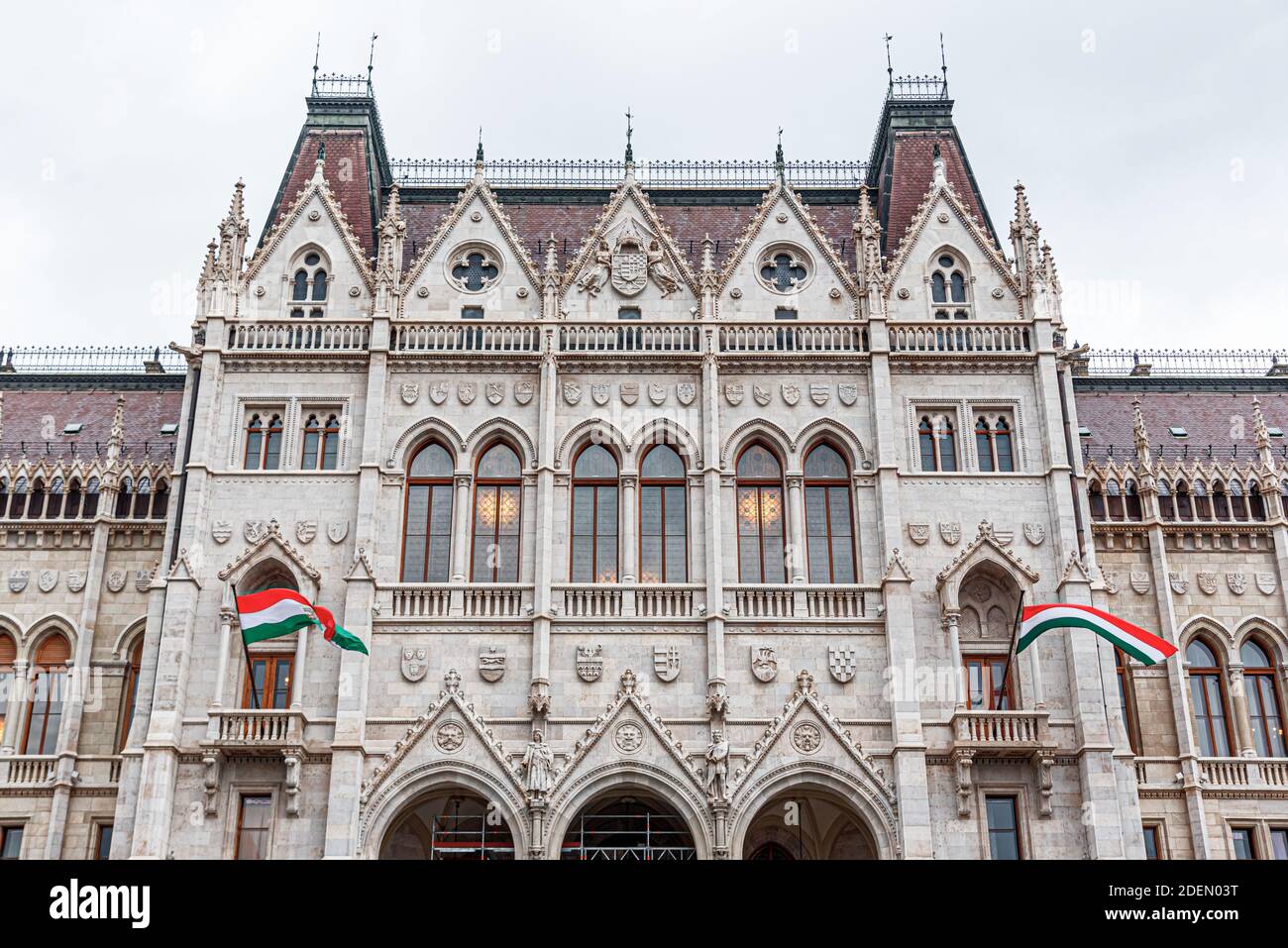 The Hungarian Parliament building on a rainy fall day in Budapest, the ...
