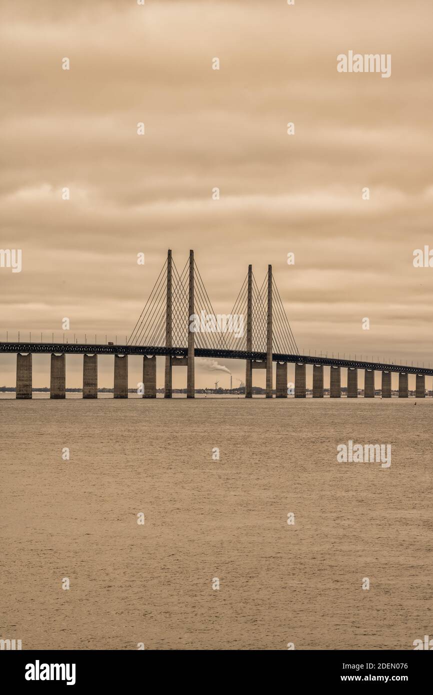 The Sound Bridge, connecting Malmo, Sweden with Copenhagen, Denmark. A ...