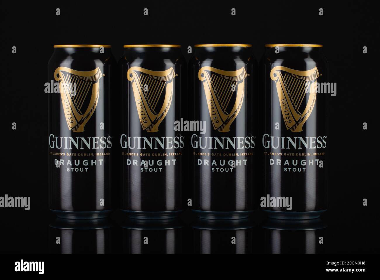 Prague,Czech Republic - 12 November,2020:Guinness cans on the black ...