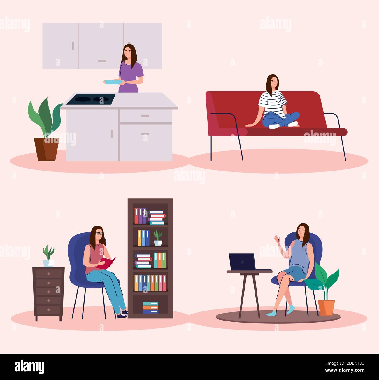 Women doing activities from home icon collection vector design Stock ...