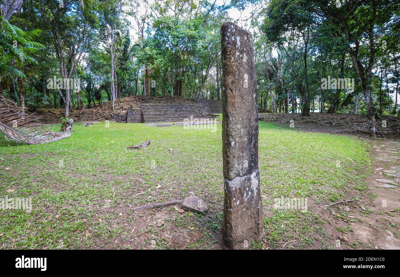 GOLDEN STREAM, BELIZE - Apr 29, 2019: A stone stela stands inside Nim ...