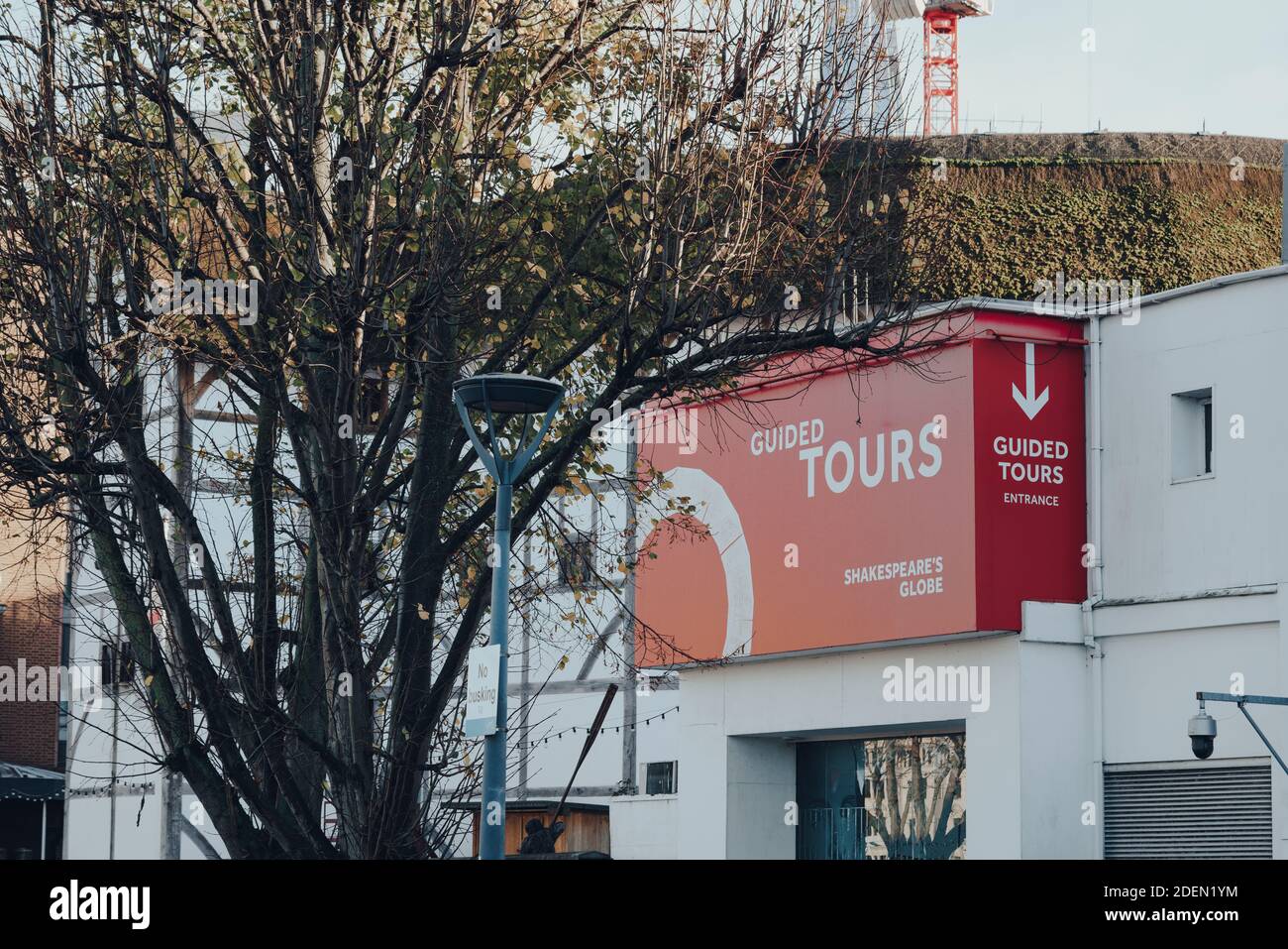 London, UK - November 19, 2020: Guided tours sign on Shakespeares Globe ...