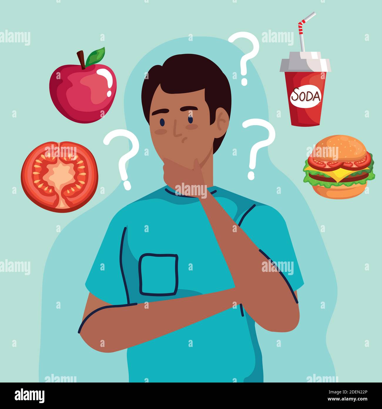 man thinking with question marks about fast food vector design Stock ...
