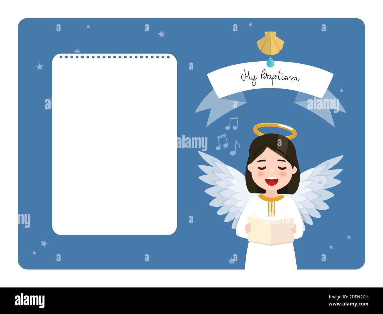 Angel singing. Baptism horizontal invitation on blue sky and stars ...