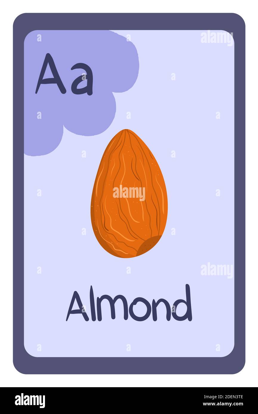 Colorful alphabet letter A - almond. Phonics flashcard. Food themed ABC ...