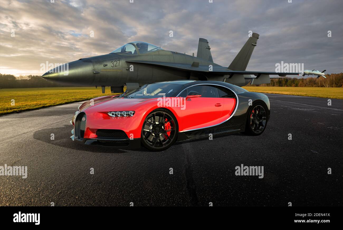 Bugatti Chiron on the runway against the backdrop of a military plane ...