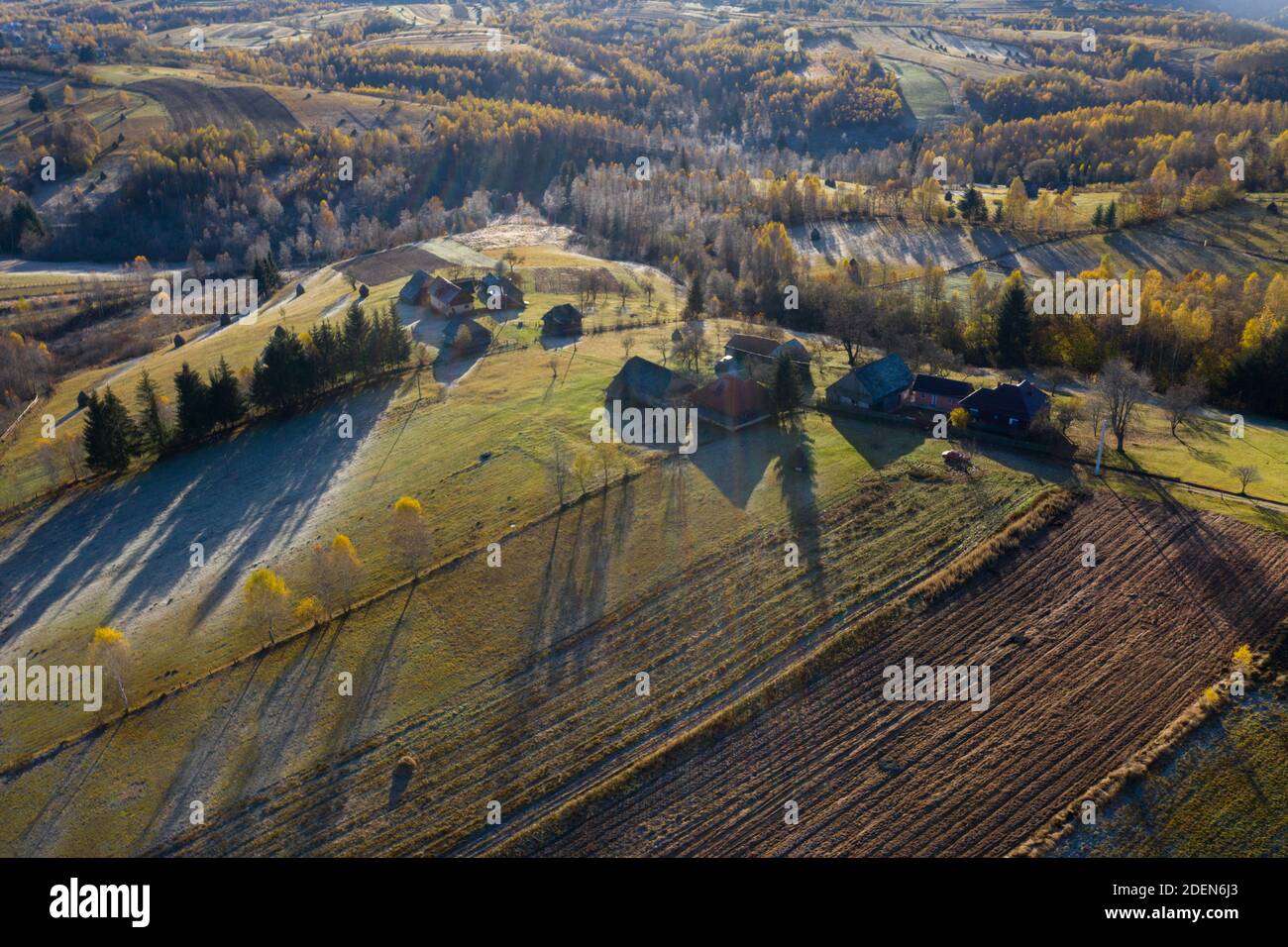 Aerial view of autumn mountain countryside farm by drone Stock Photo ...