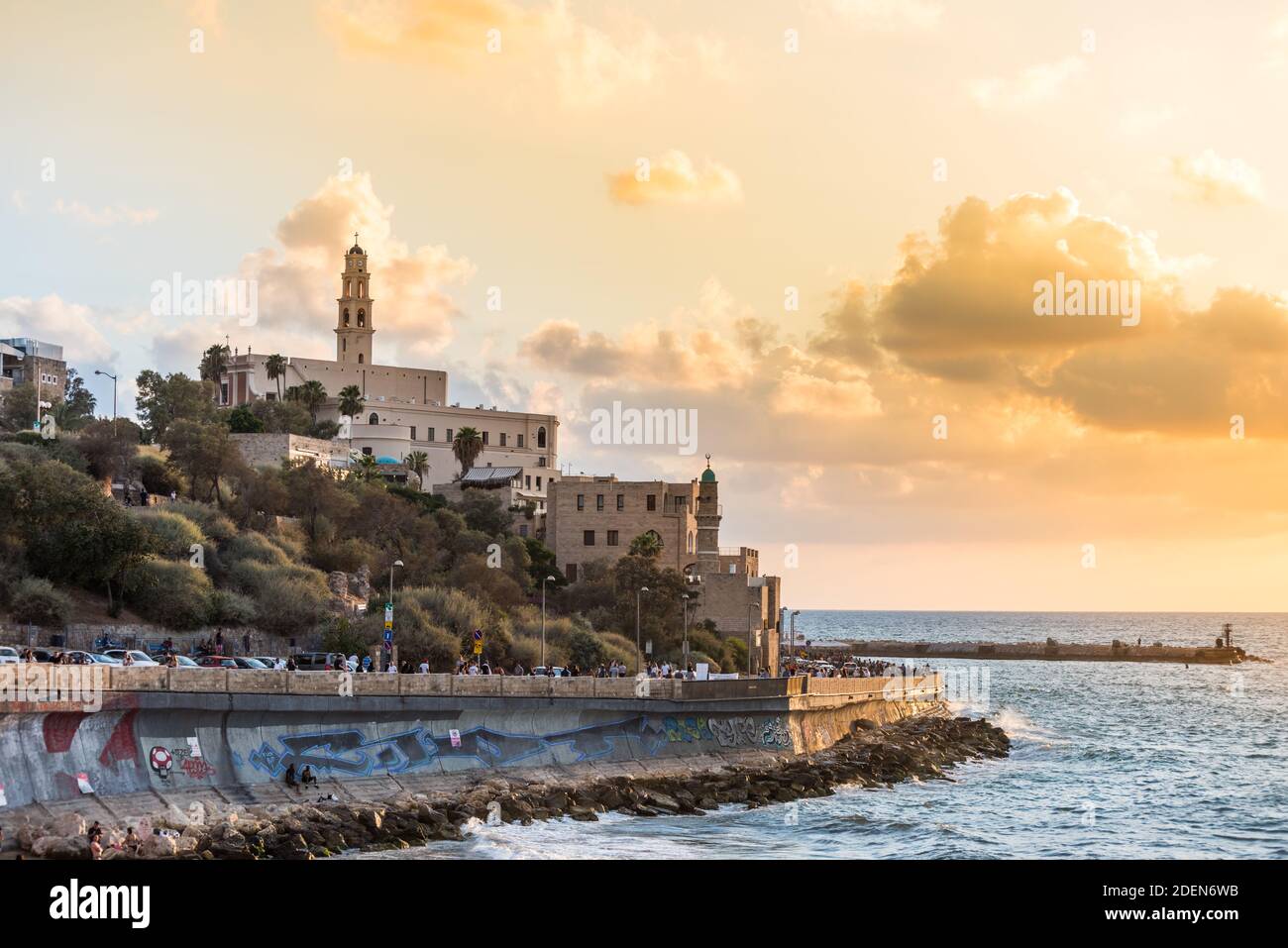 Old Jaffa city, old port and coastal line of Tel Aviv under sunset in ...