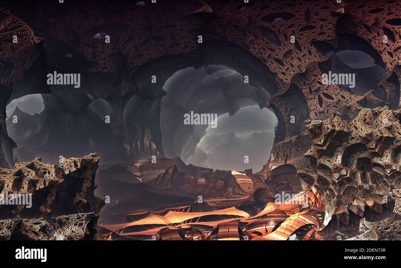 Fantastic landscape, 3d image of the entrance to the cave in the fog ...