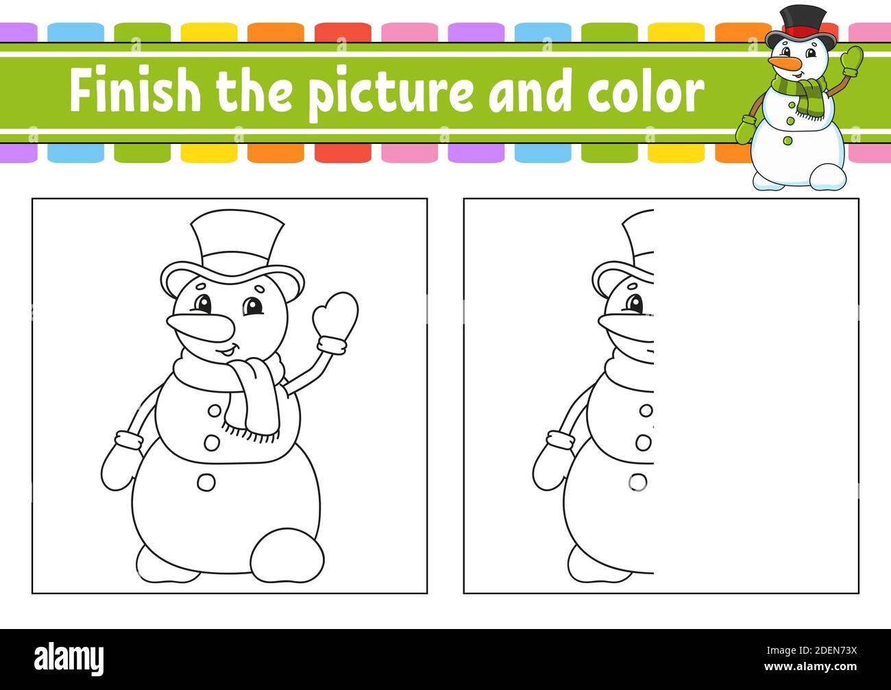 Finish the picture and color. Christmas theme. Cartoon character ...