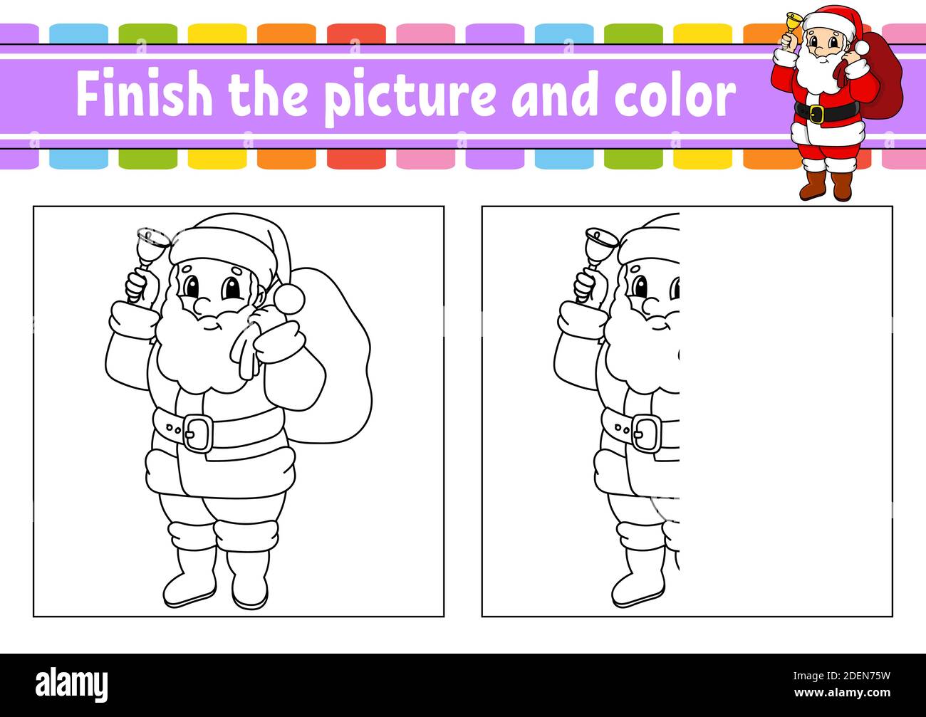 Finish the picture and color. Christmas theme. Cartoon character ...