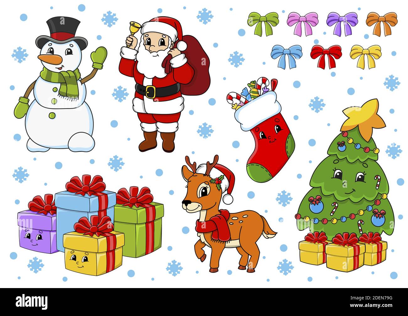 Set of stickers with cute cartoon characters. Christmas theme. Hand ...