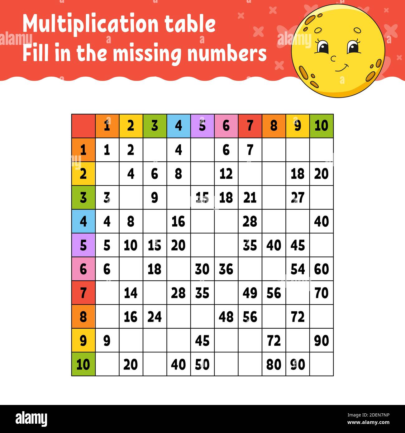 Paste the missing numbers. Learning multiplication table. Handwriting ...