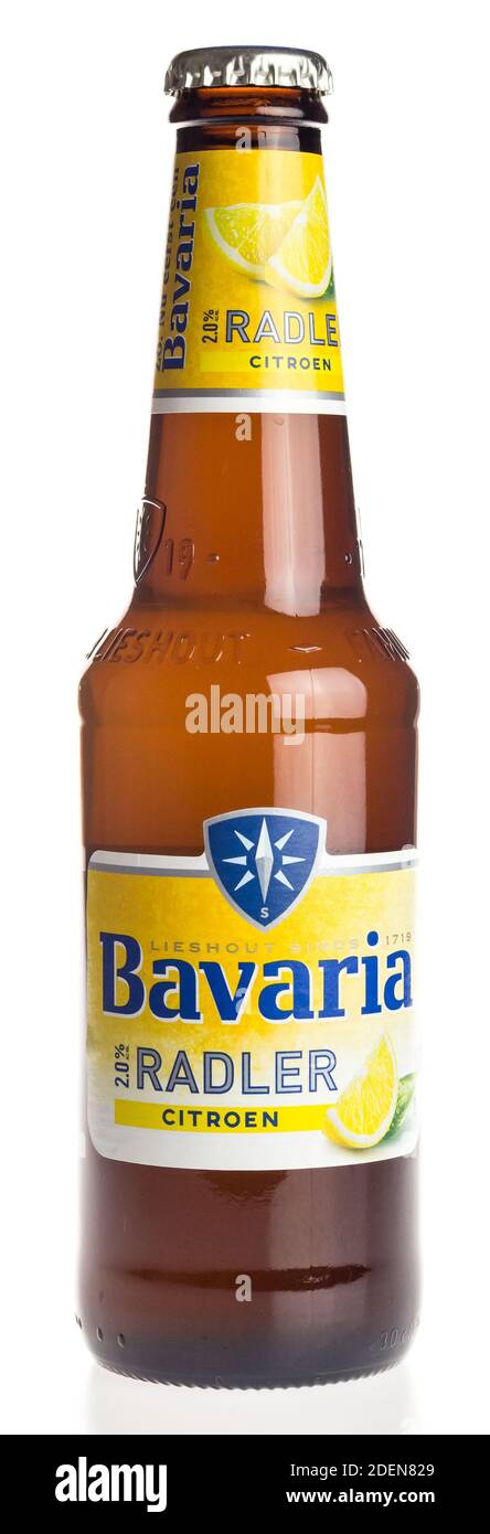 Bottle of Bavaria Lemon Radler beer isolated on a white background ...