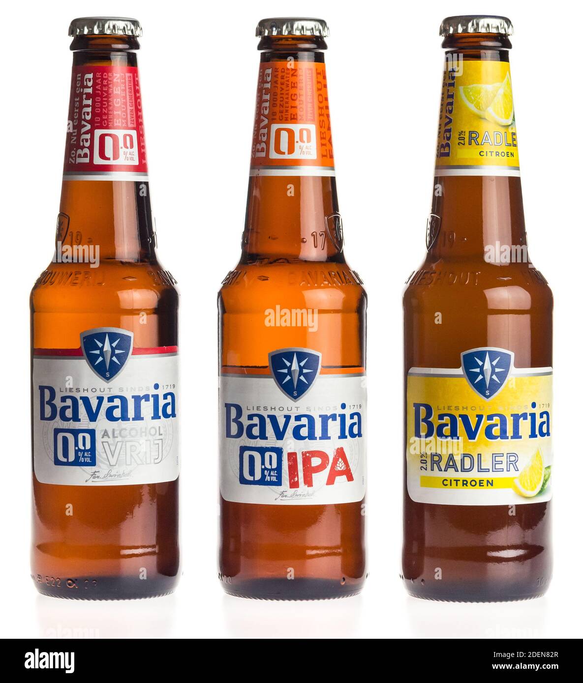 Bottles of Bavaria lager, radler and IPA beers isolated on a white ...