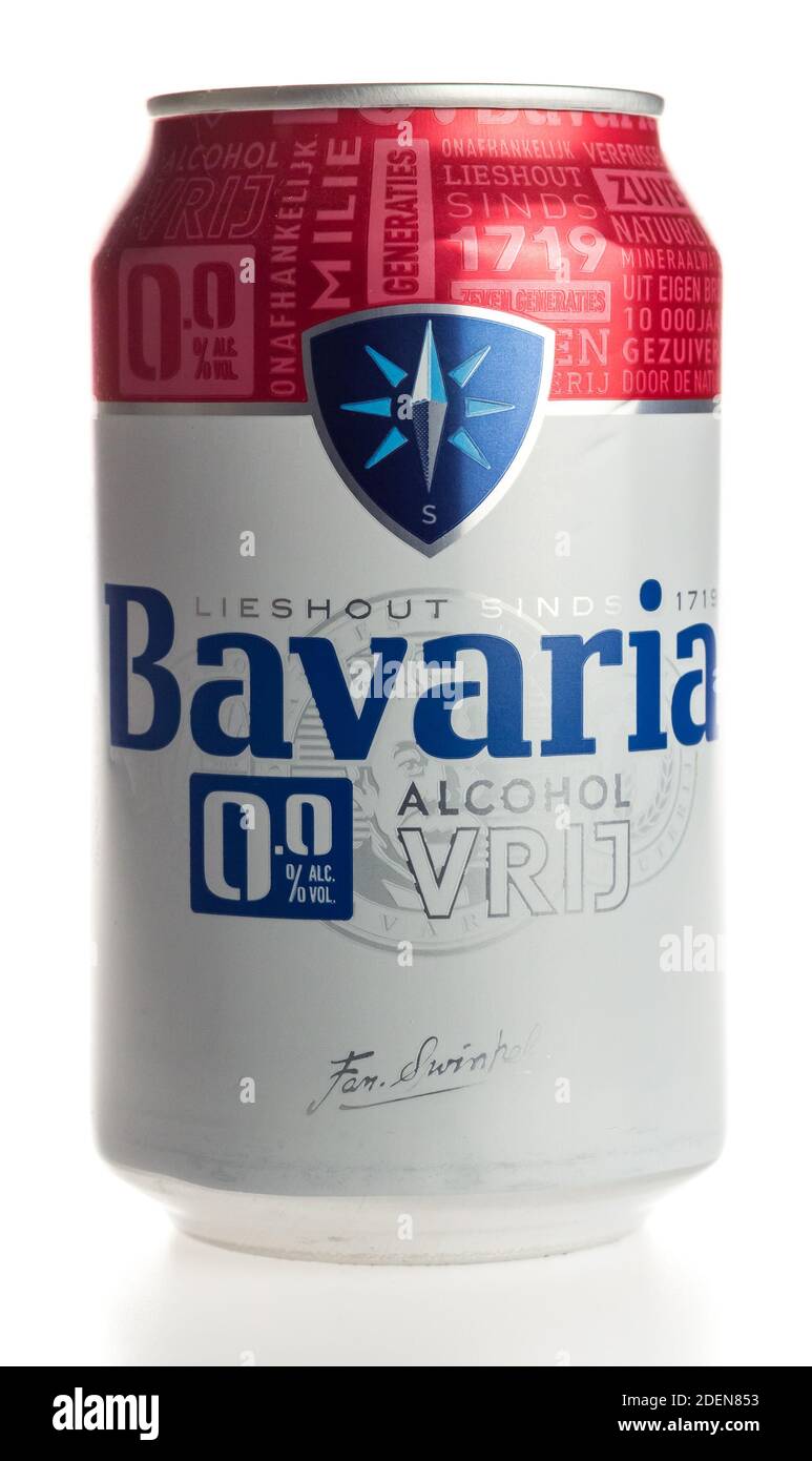 Can of Bavaria non-alcoholic lager beer isolated on a white background ...