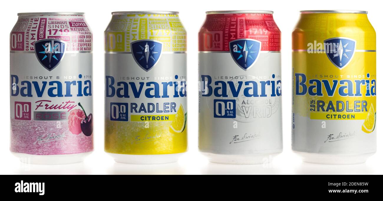 Cans of Bavaria radler and fruit beers isolated on a white background ...