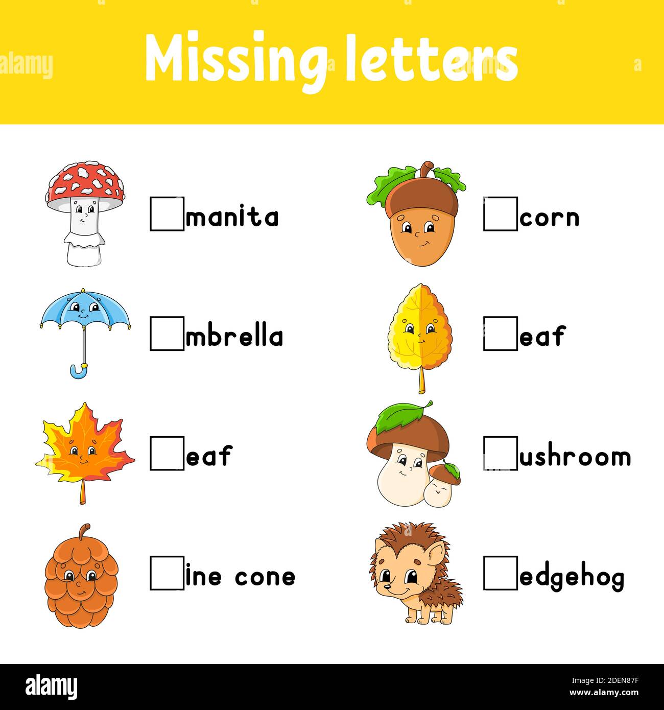Autumn theme. Missing letters. Education developing worksheet for kids ...