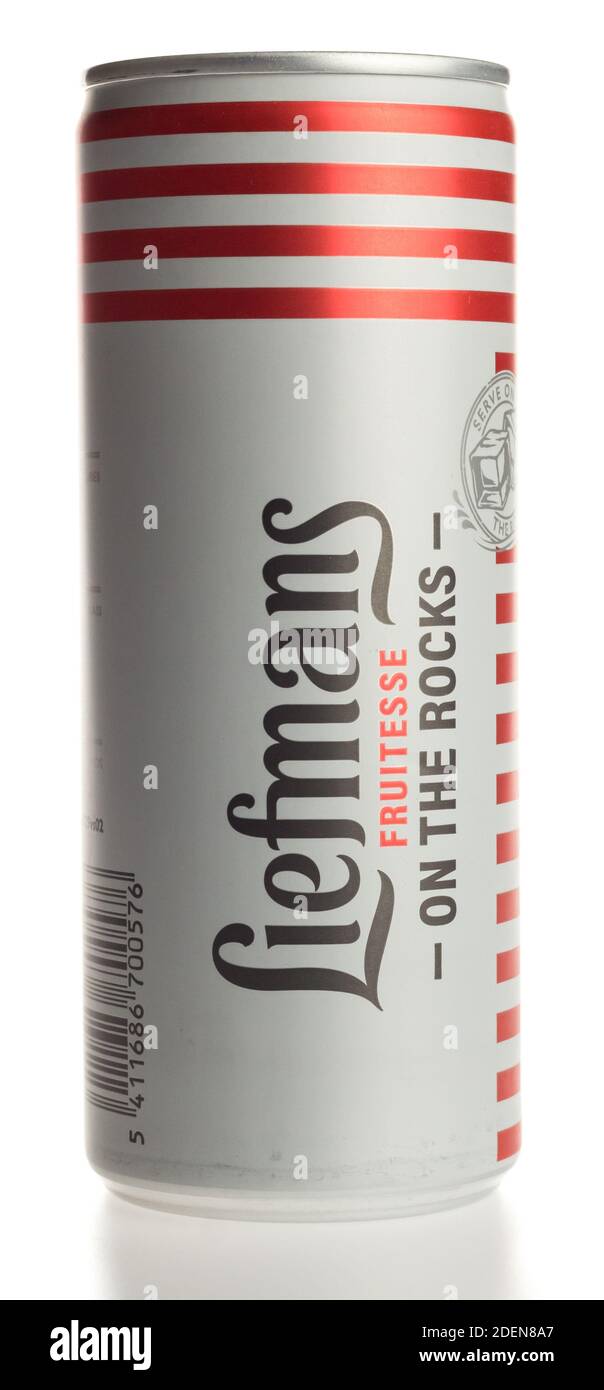 Can of Belgian Liefmans Fruitesse fruit beer isolated on a white ...