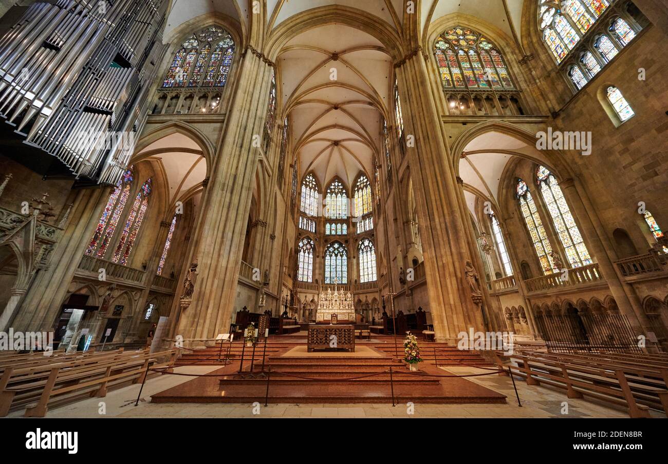 Altar and stained glass windows of Dom St. Peter cathedral, Regensburg ...