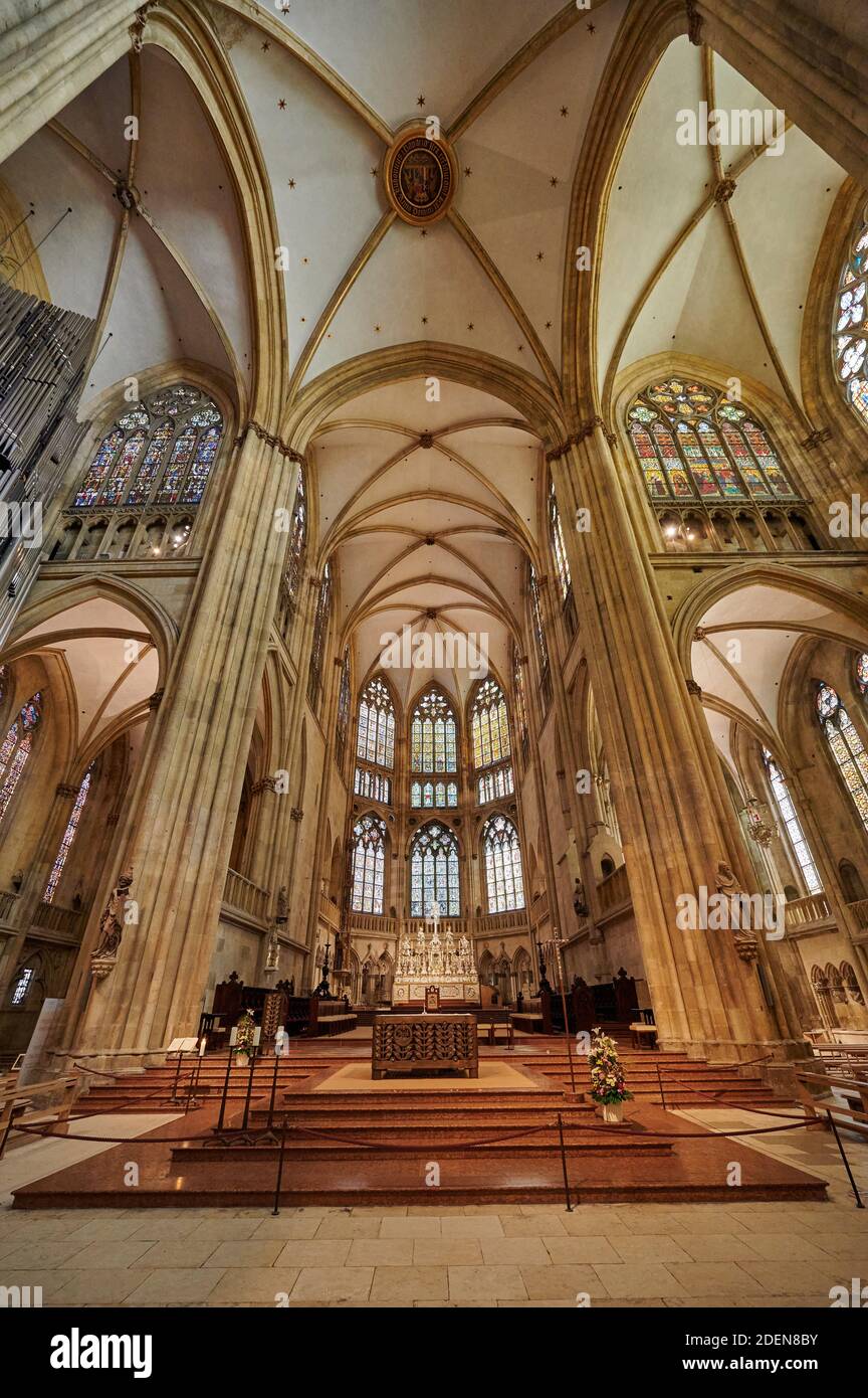 Altar and stained glass windows of Dom St. Peter cathedral, Regensburg ...