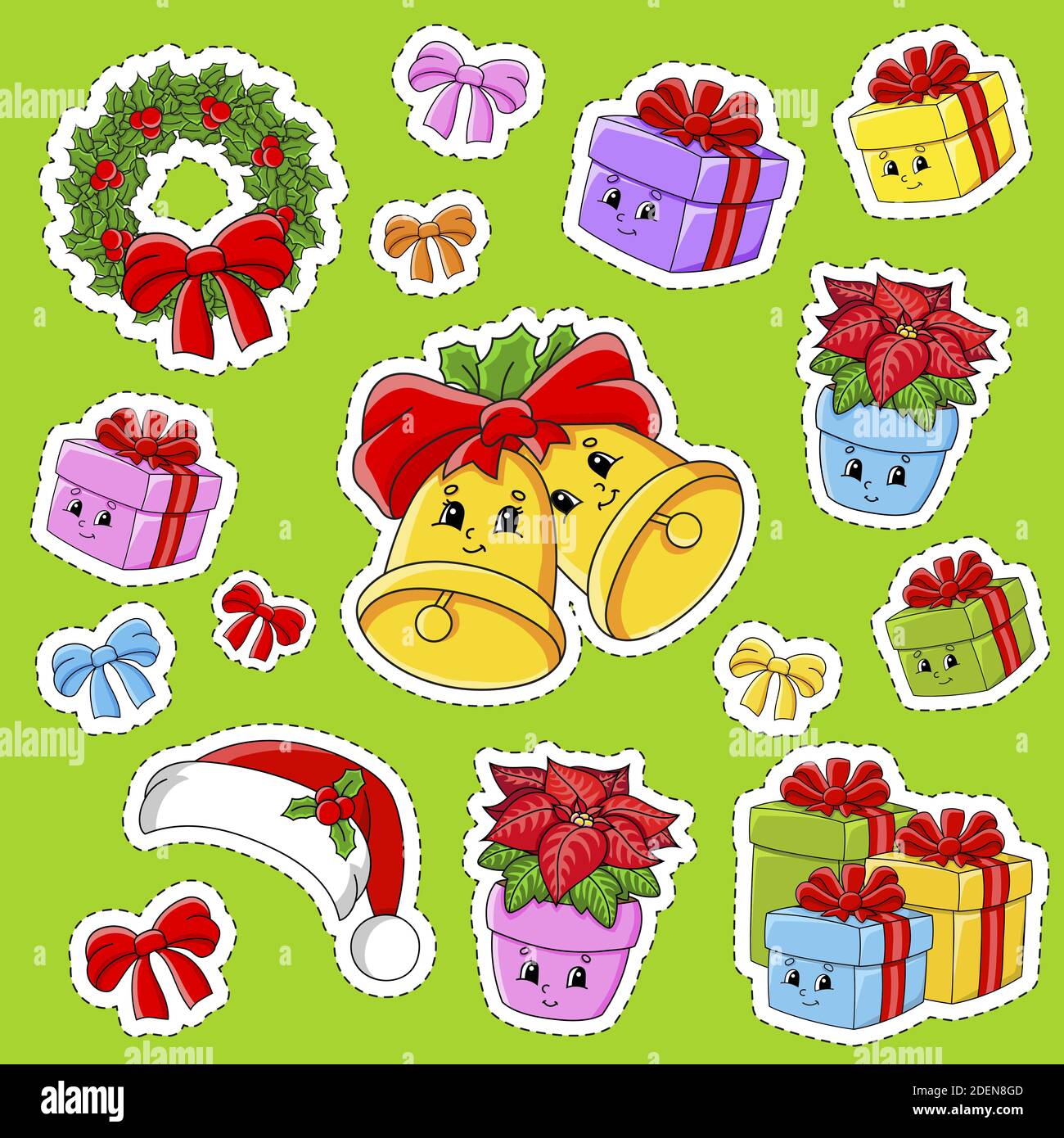 Set of stickers with cute cartoon characters. Christmas theme. Hand ...