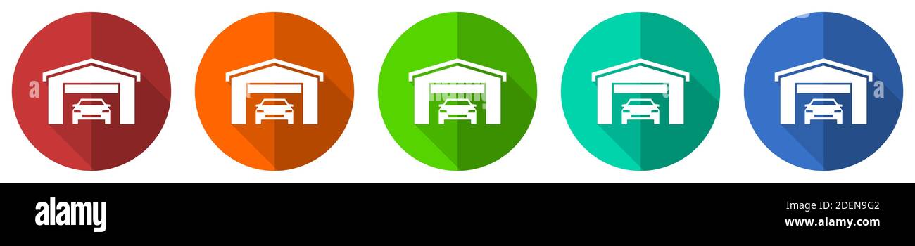 Car in a garage vector icon set, red, blue, green and orange flat ...