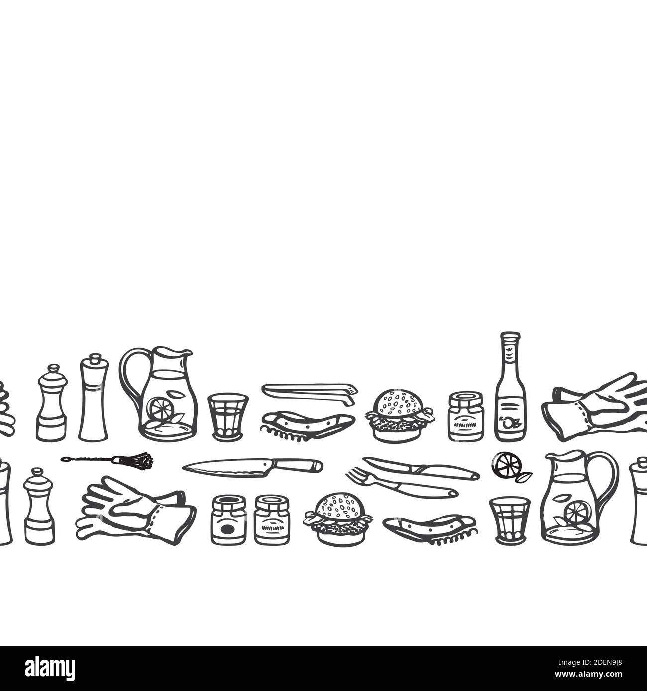 Summer Barbecue Garden Party Border. Seamless Vector Background. Brush ...